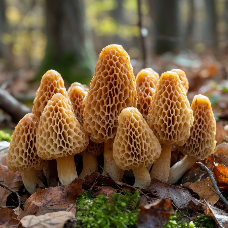 Cluster of Morel Mushrooms Growing on Forest Floor. Stock Image - Image ...