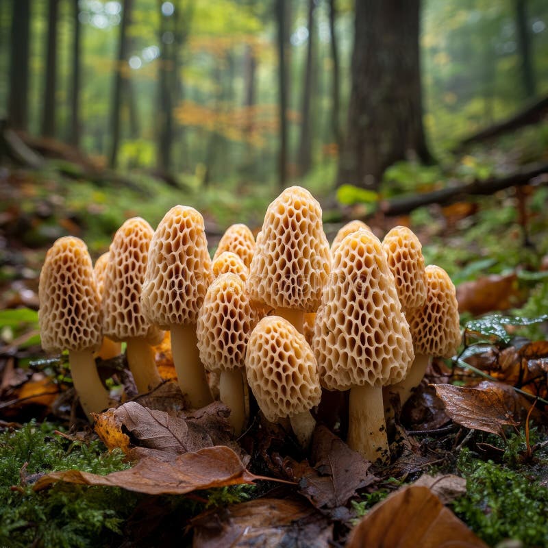 Cluster of Morel Mushrooms in a Serene Forest Setting. Stock Image ...