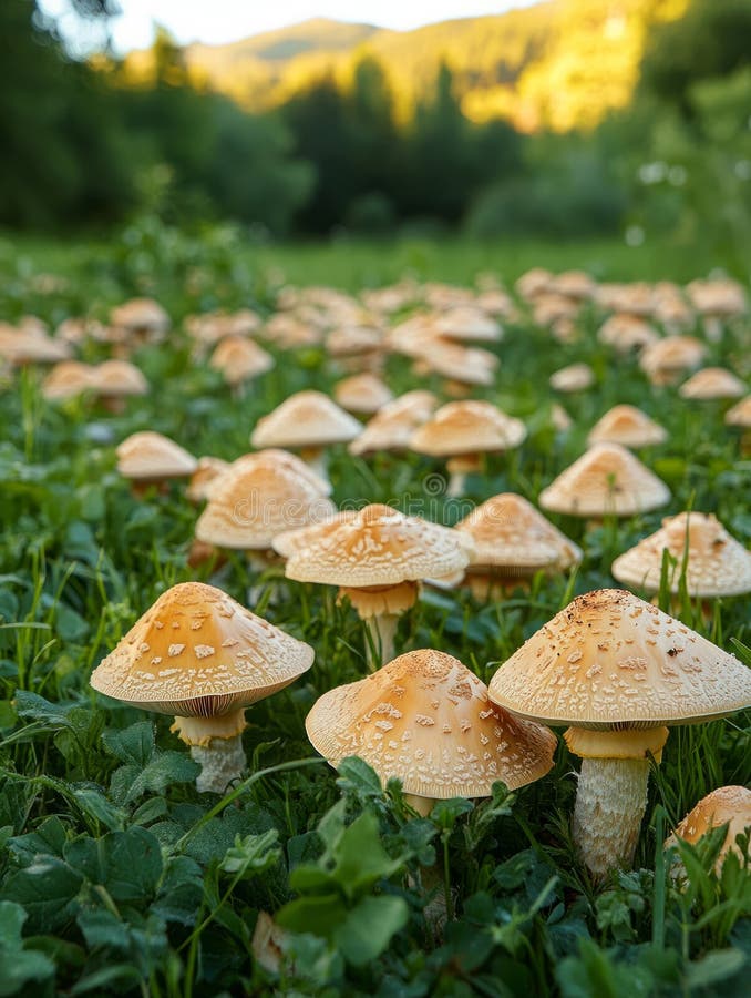 Cluster of Mushrooms in a Grassy Field Under Sunlight. Stock Image ...