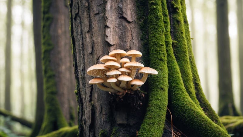 Cluster of Mushrooms Growing on Tree Side in Forest with Moss on Tree ...