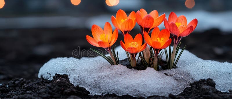 A Cluster of Orange Crocus Flowers Emerging from a Patch of Snow. Stock ...