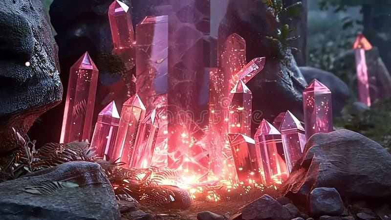A Cluster of Pink Crystals Glowing with a Warm Light in a Dark Fantasy ...