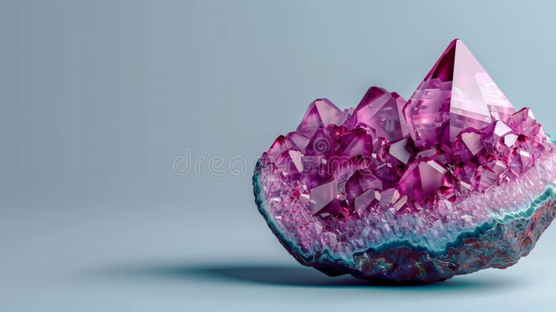 A Cluster of Pink Crystals Sits Atop a Blue Countertop Against a Gray ...