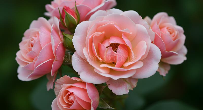A Cluster of Pink Roses in Various Stages of Bloom, Some Fully Open and ...