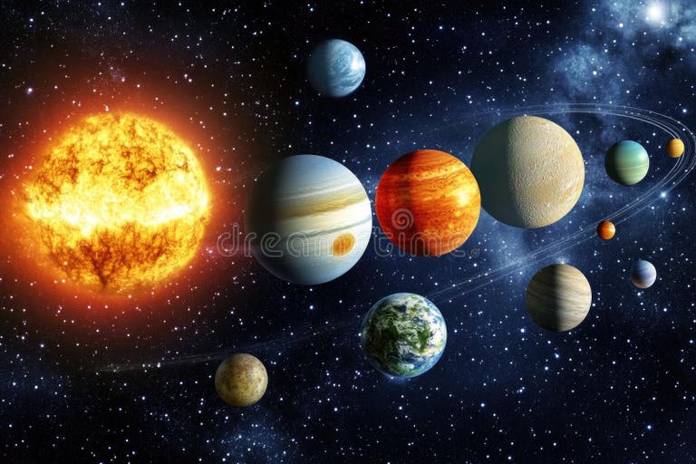 A Cluster of Planets Orbiting a Bright Star in the Night Sky Stock ...