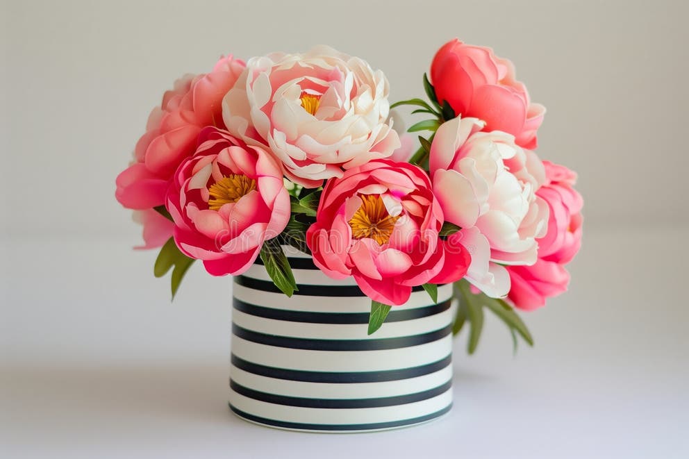 Cluster of Plastic Peonies in a Round Striped Plastic Vase Stock Photo ...