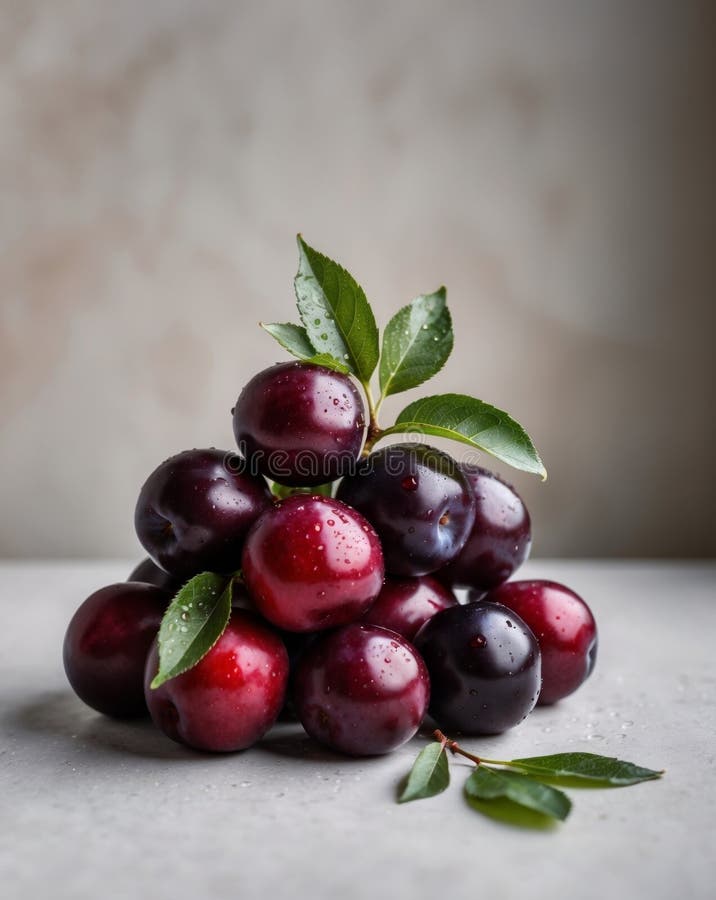 A Cluster of Plums Topped with Green Leaves and Water Droplets. Stock ...