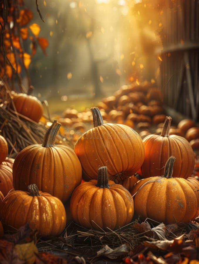 A Cluster of Pumpkins Sit on a Bed of Autumn Leaves with Warm Sunlight ...