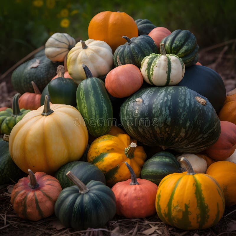 Cluster of Pumpkins in Various Sizes and Colors Generative AI Stock ...