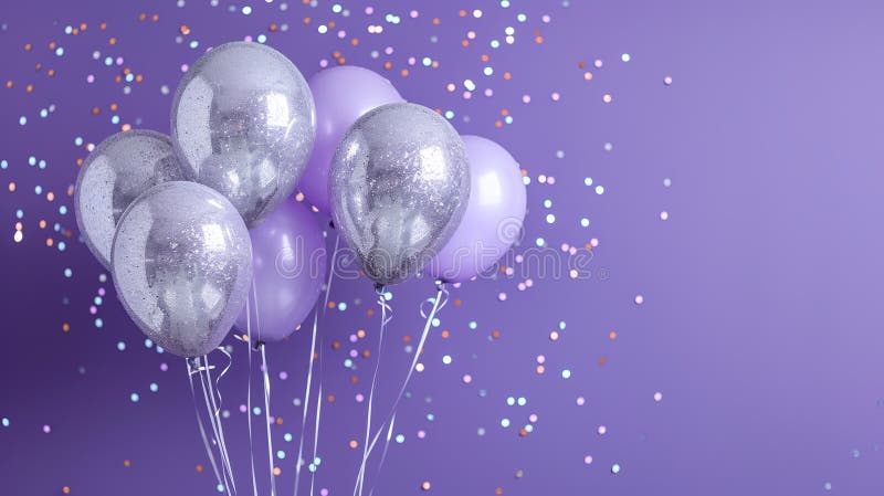 A Cluster of Purple and Silver Balloons with Confetti on a Purple ...