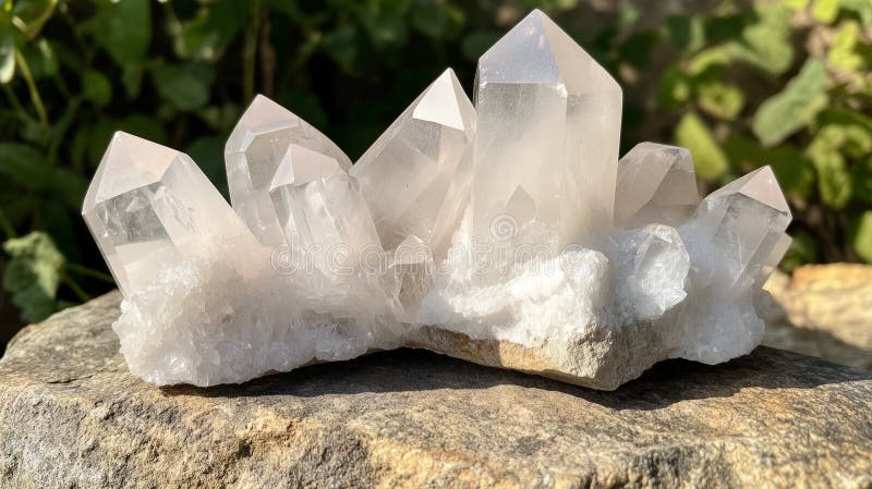 Cluster of Quartz Crystals on Stone Outdoors with Greenery in Bright Light Stock Illustration ...