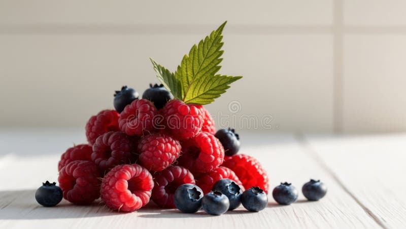 A Cluster of Raspberries Topped with Blueberries and a Green Raspberry ...