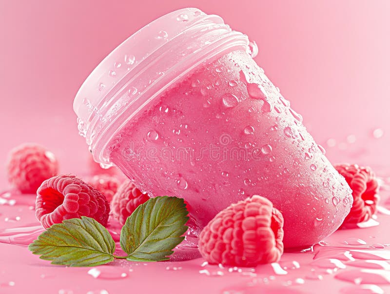 A Cluster of Raspberries with Water Droplets on a Pink Background Stock ...