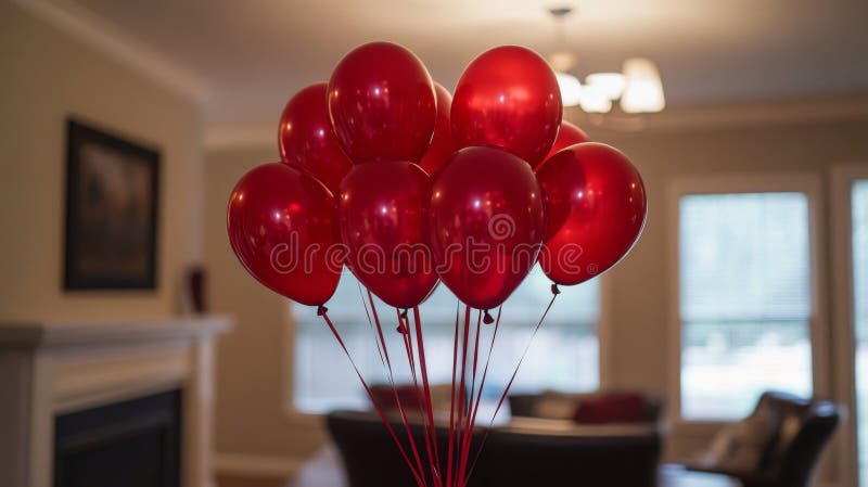 A Cluster of Red Balloons Floats in a Living Room Stock Illustration ...