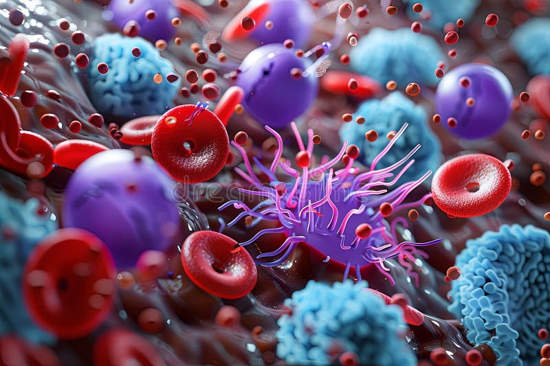 A Cluster of Red and Blue Blood Cells Interacting in a Biological ...