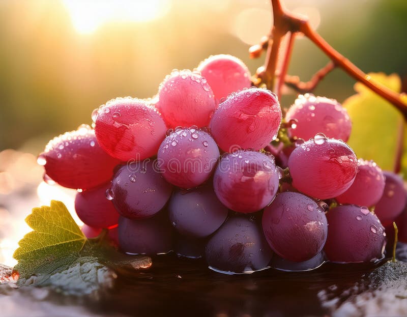 A Cluster of Red Grapes with Morning Dew Resting on Them, Surrounded by ...