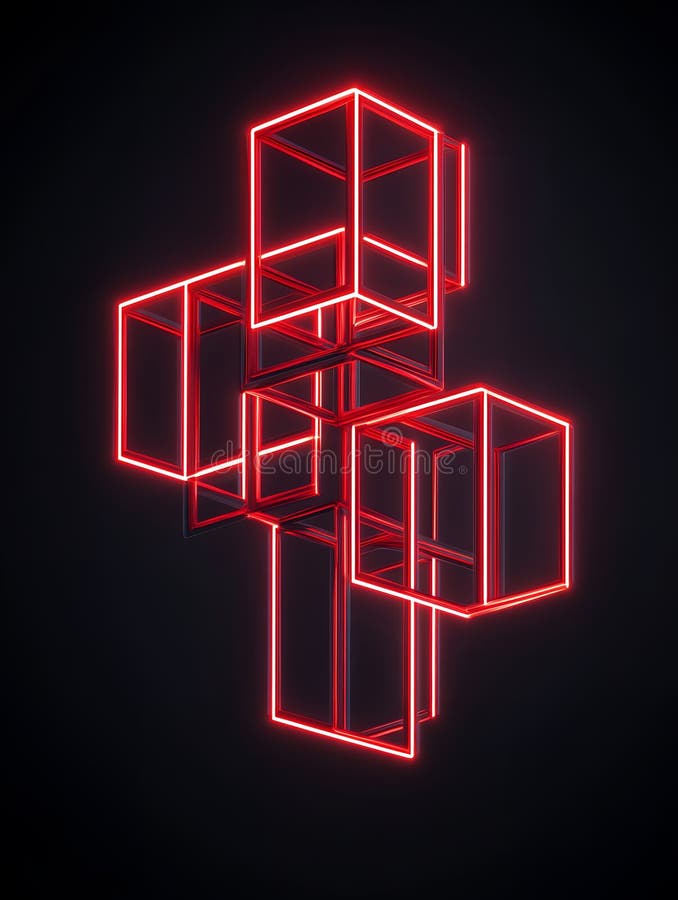 A Cluster of Red Neon Outlined Cubes Stacked on Each Other on a Dark ...