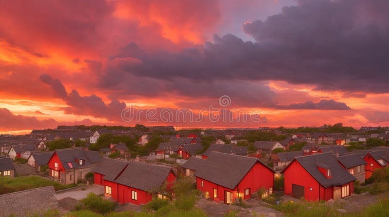 A Cluster of Red-roofed Village Houses Under a Dramatic Evening Sky ...
