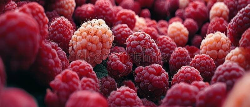 A Cluster of Red and Yellow Raspberries, Each with a Green Leaf Atop ...