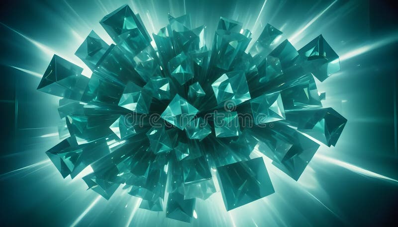 A Cluster of Reflective, Teal Geometric Shapes Explode Outward with ...