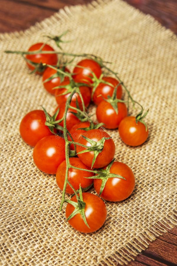 A Cluster of Ripe Cherry Tomatoes on a Light Brown Burlap Cloth Stock ...
