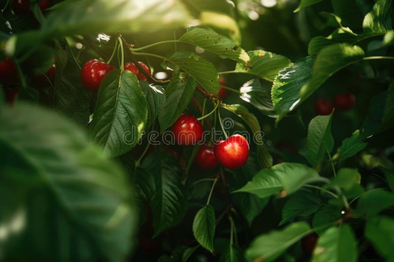 A Cluster of Ripe Red Cherries Hang from the Branches of a Tree Stock ...