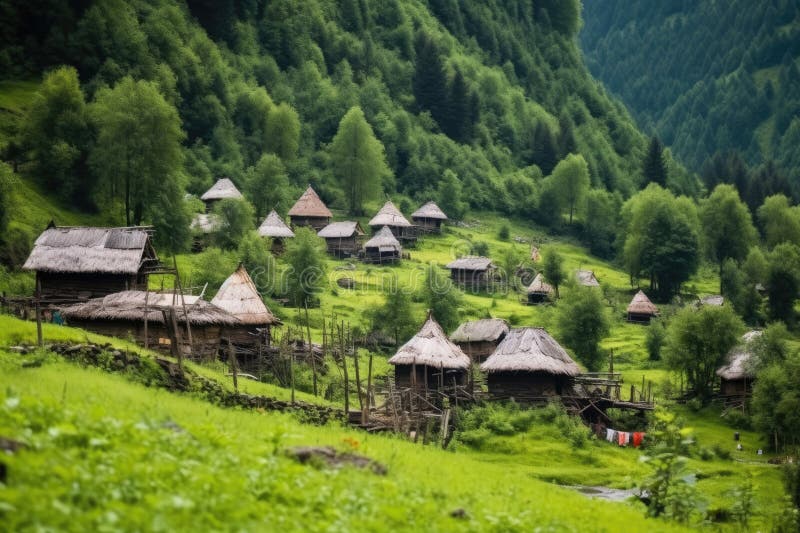 Cluster of Rustic Huts in Mountain Forest Stock Photo - Image of living ...
