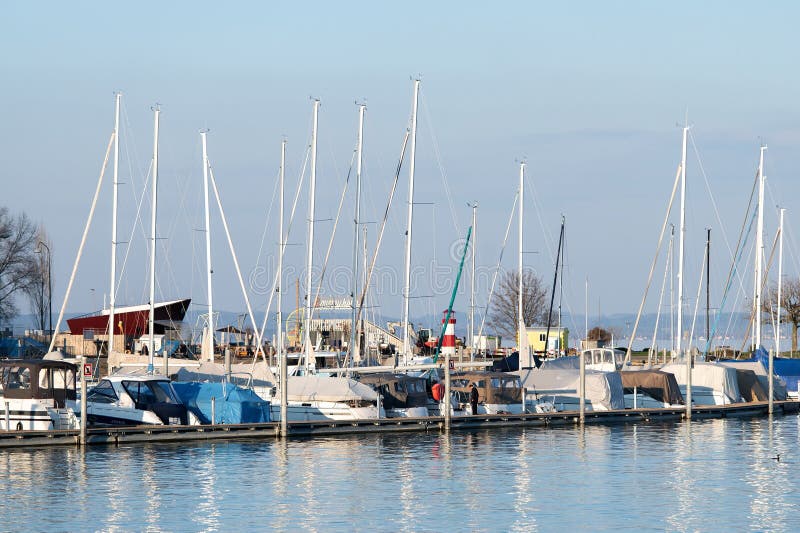 Cluster of Sailboats Lined Up at the Docks in a Tranquil Waterfront ...