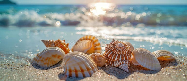 Seashells Resting on Sandy Beach Stock Image - Image of scattered ...