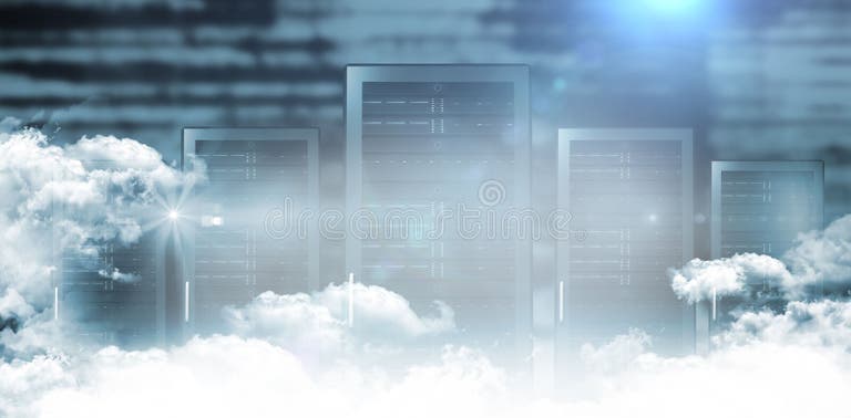Cluster of Server Racks is Rising from White Clouds, Showing Code ...
