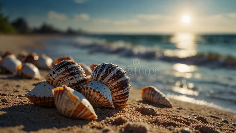 A Cluster of Shells Atop Sandy Shore, beside Water, Under Bright Sky ...