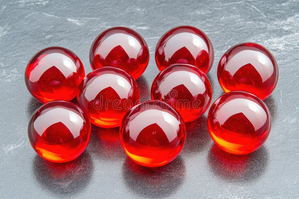 Cluster of Shiny Red Marbles with Translucent Textures on Glossy Black ...
