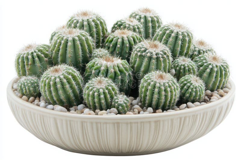 Cluster of Small Round Cacti in a White Ceramic Pot with Pebbles on a ...