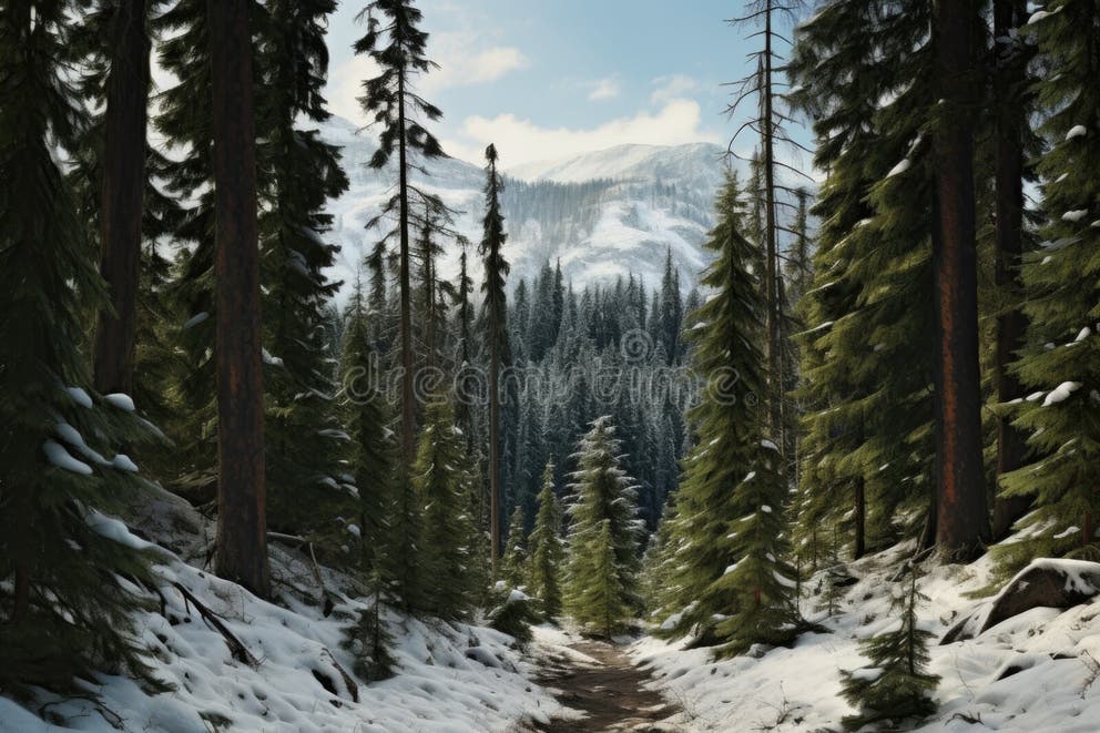 A Cluster of Snow-capped Pine Trees in a Dense Forest Setting Stock ...
