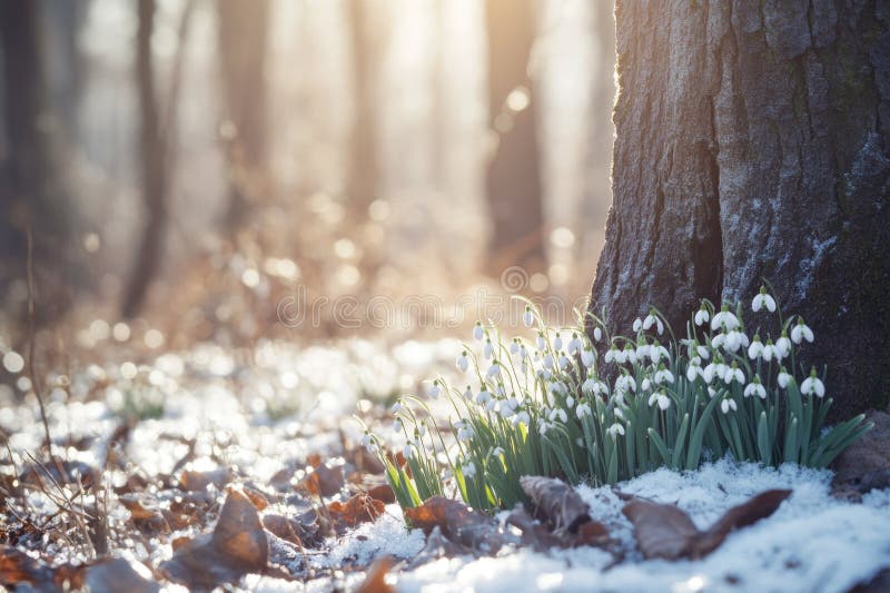 A Cluster of Snowdrops Sprouting from the Ground Alongside a Tree ...