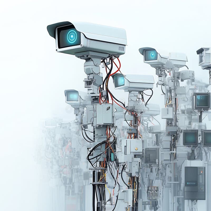 Cluster of Surveillance Cameras with Exposed Wires Stock Illustration ...