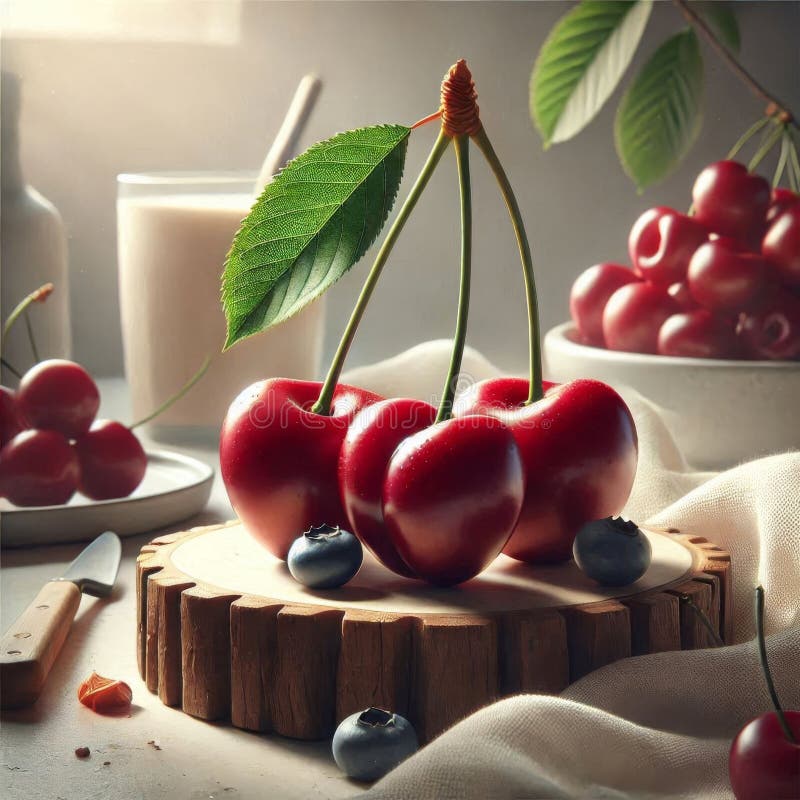 Cluster of Three Cherries on a White Surface Stock Illustration ...