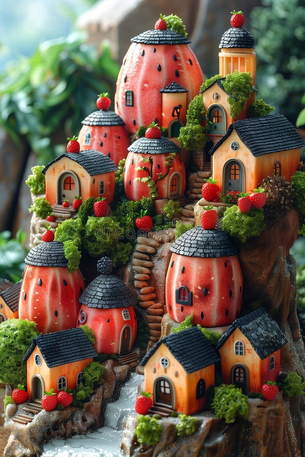 Cluster of Tiny Houses Perched on a Tree Stump, Resembling a Charming ...