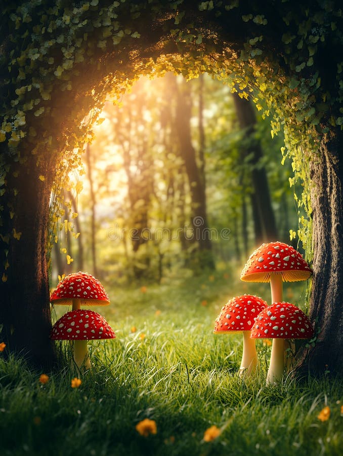 Cluster of Toadstools Under a Tree Archway in a Sunlit Forest Clearing ...