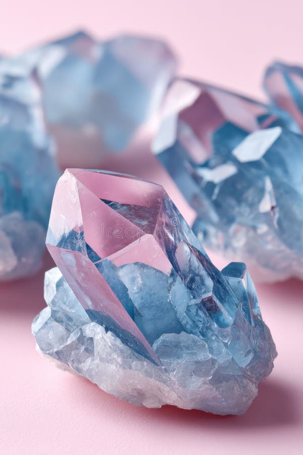 Cluster of Translucent Blue Crystals Reflecting Pink Light on Pink ...