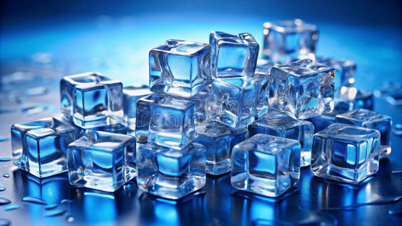 A Cluster of Translucent Ice Cubes Glistens on a Cool Blue Surface ...