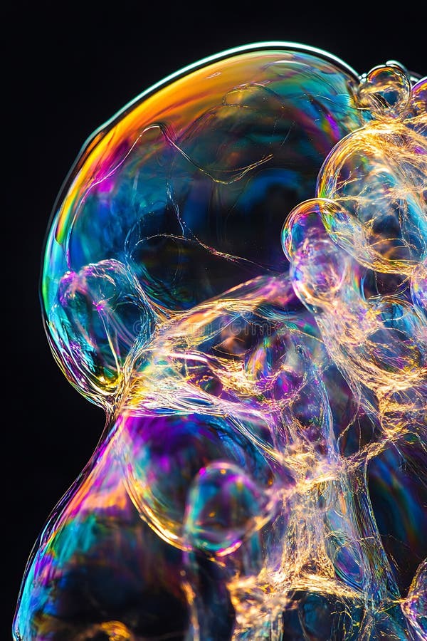 A Cluster of Translucent Soap Bubbles Against a Black Background ...
