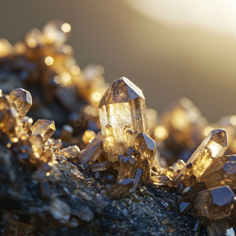 Cluster of Transparent Quartz Crystals Gleaming in Warm Sunlight. the ...