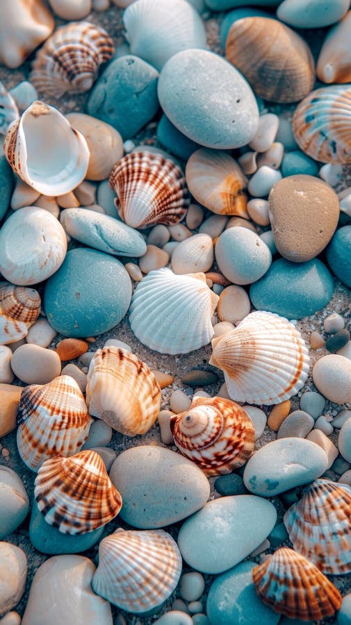 Assorted Seashells Scattered on Sandy Beach. Generative AI Stock ...