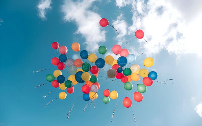 A Cluster of Vibrant Balloons in Various Colors Float Against a Bright ...