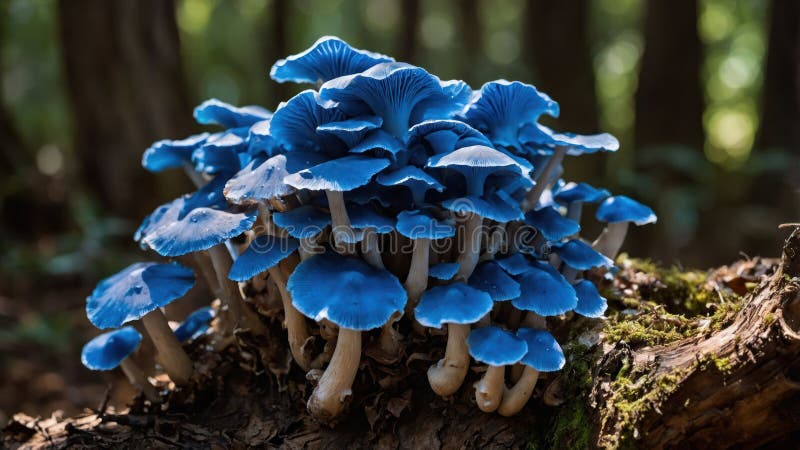 Vibrant Blue Mushrooms Cluster on Forest Log, Magical Nature Scene ...