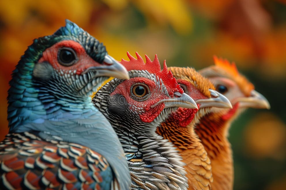 A Cluster of Vibrant Chickens Standing Side by Side in a Row Stock ...