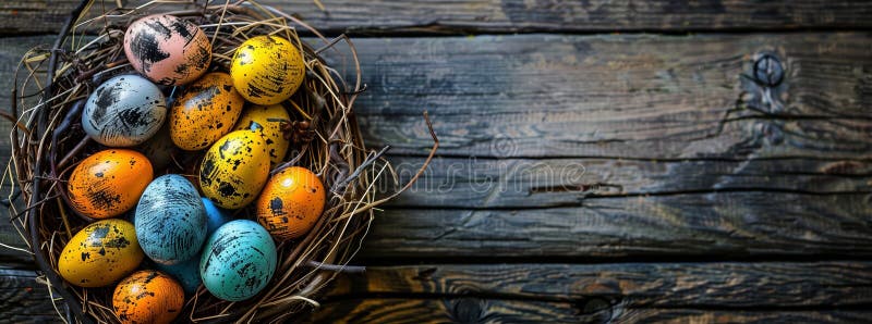 A Cluster of Vibrant Easter Eggs in a Nest on a Wooden Surface Stock ...