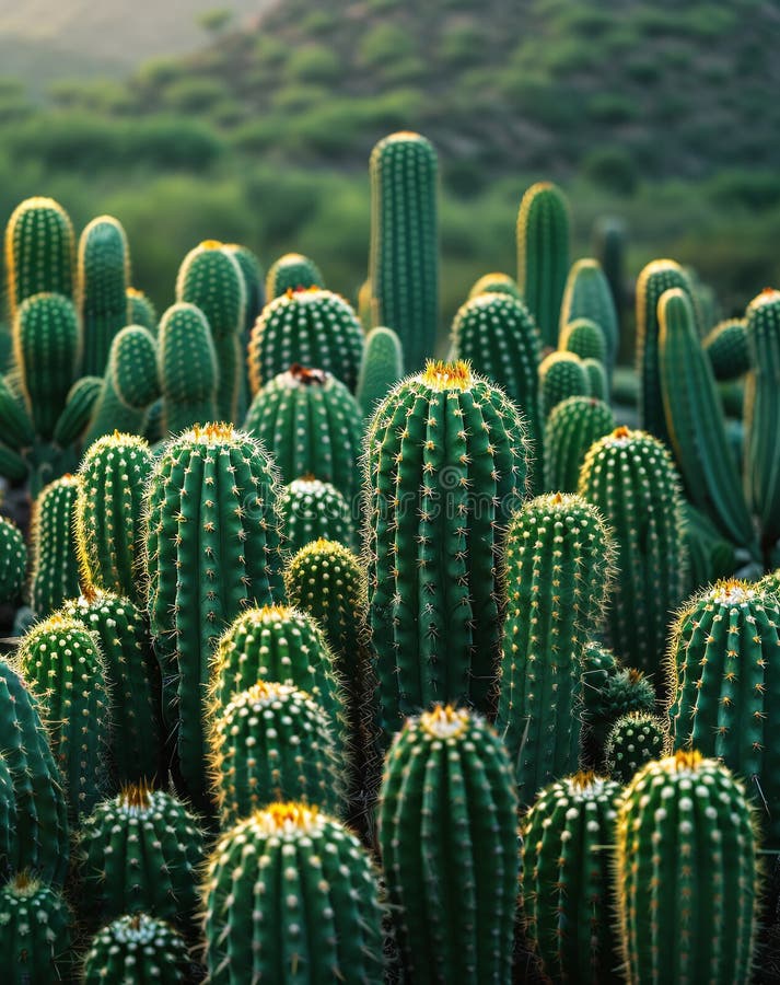 A Cluster of Vibrant Green Cacti with Sharp Spines, Highlighted by Soft ...