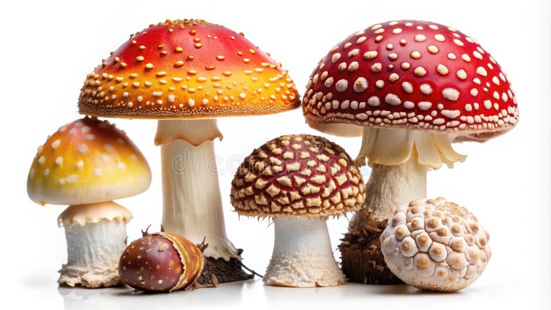 A Cluster of Vibrant Toadstools with Diverse Cap Patterns and Textures ...